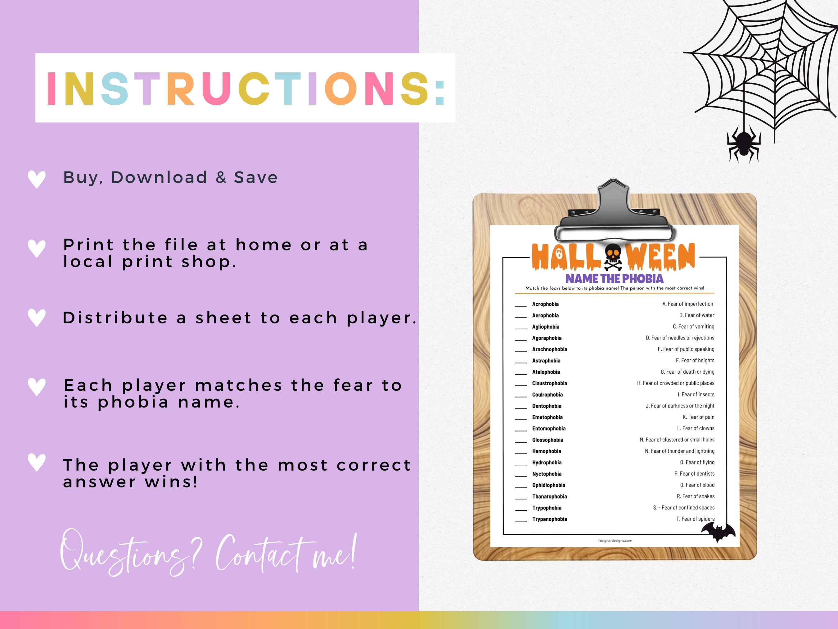 Halloween Name the Phobia Trivia Matching Game, Printable Halloween ...