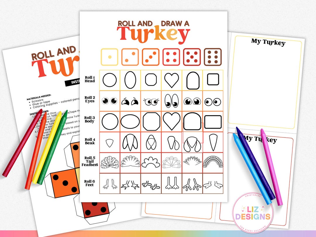 Roll and Draw a Turkey Game, Printable Thanksgiving Art Activity ...