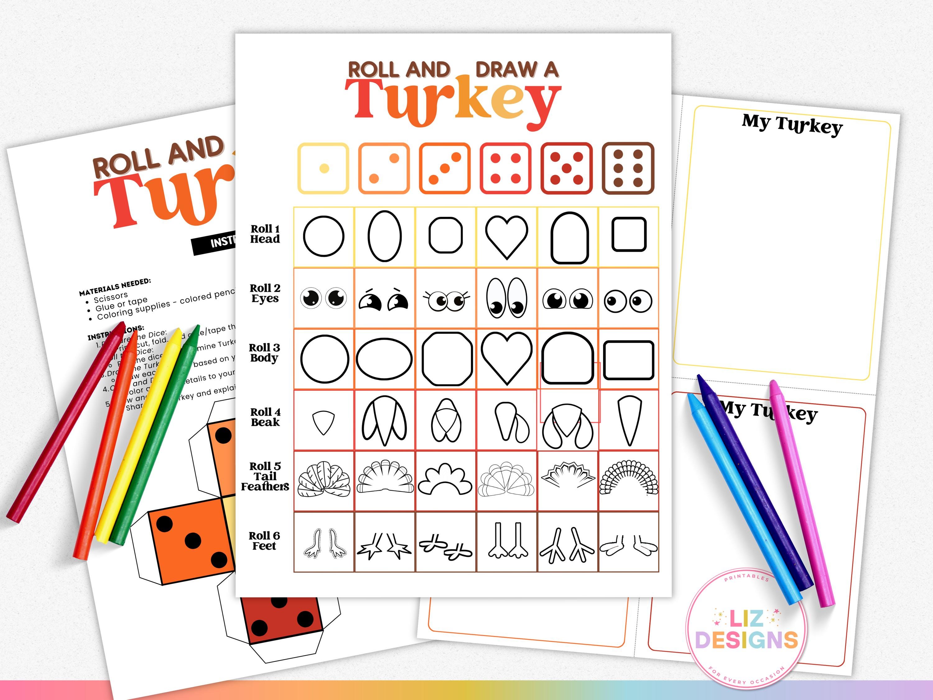 Roll and Draw a Turkey Game, Printable Thanksgiving Art Activity ...