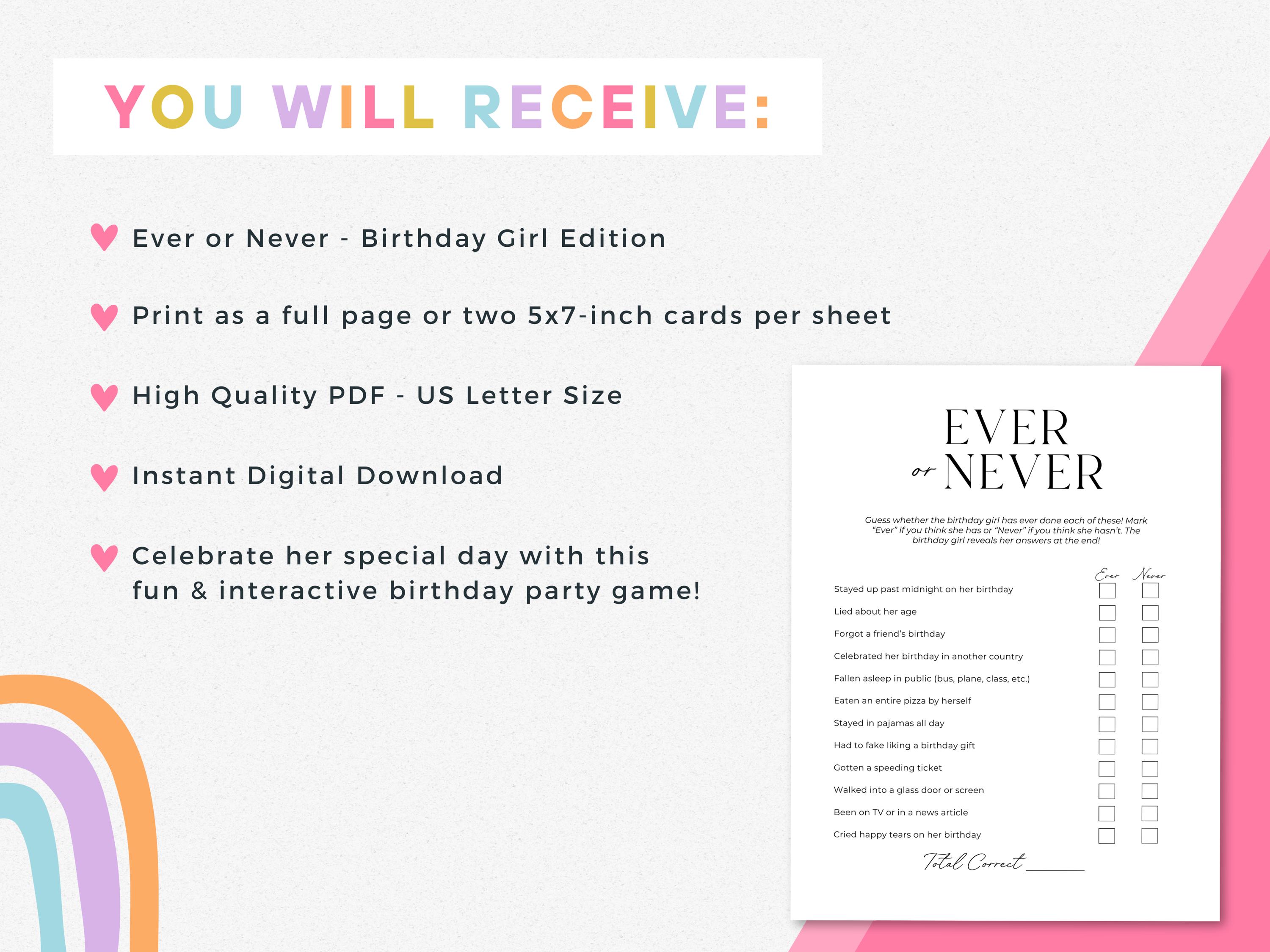 Ever or Never Birthday Party Game for Her, Never Have I Ever Game, Fun ...