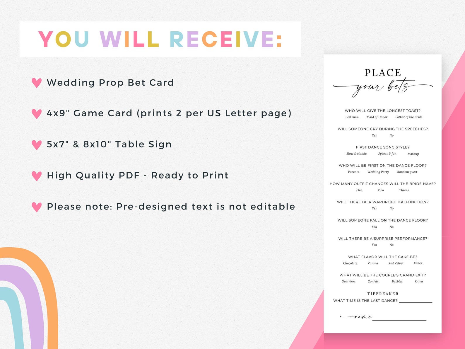 Place Your Bets Wedding Card, Weddings Prop Bet Template Game, Cocktail ...
