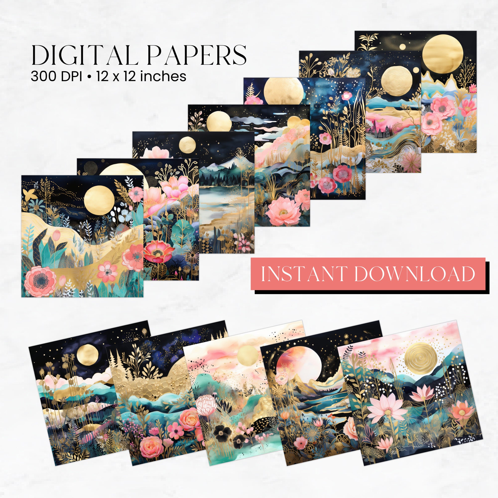 Boho Botanical Digital Paper, Floral Background Patterns, Landscape and ...