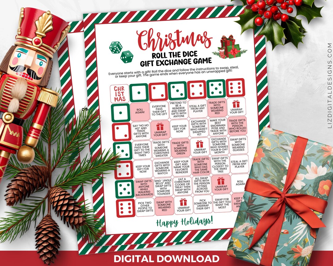 Christmas Roll the Dice Gift Exchange Game, Printable White Elephant ...
