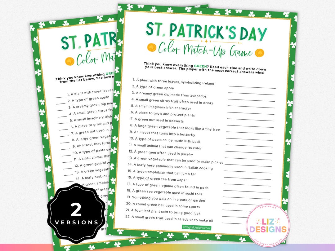 St. Patrick's Day Green Color Match up Game, Printable Senior Trivia ...