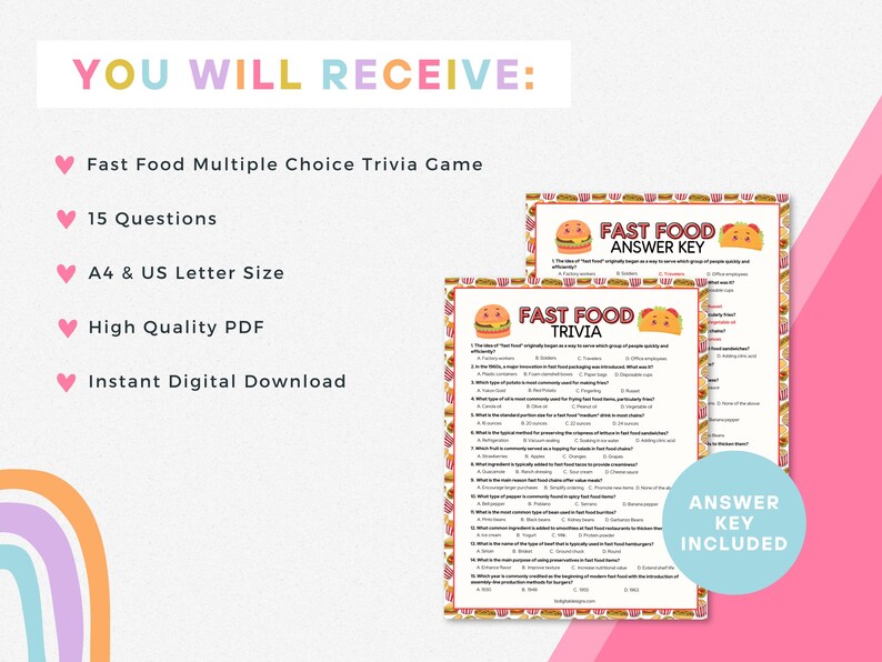 Fast Food Trivia, Printable Trivia for Family Game Night, Food Theme ...
