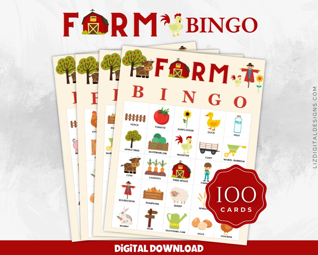 100 Farm Animal Bingo Cards, Printable Bingo Party Game, Kids Summer ...
