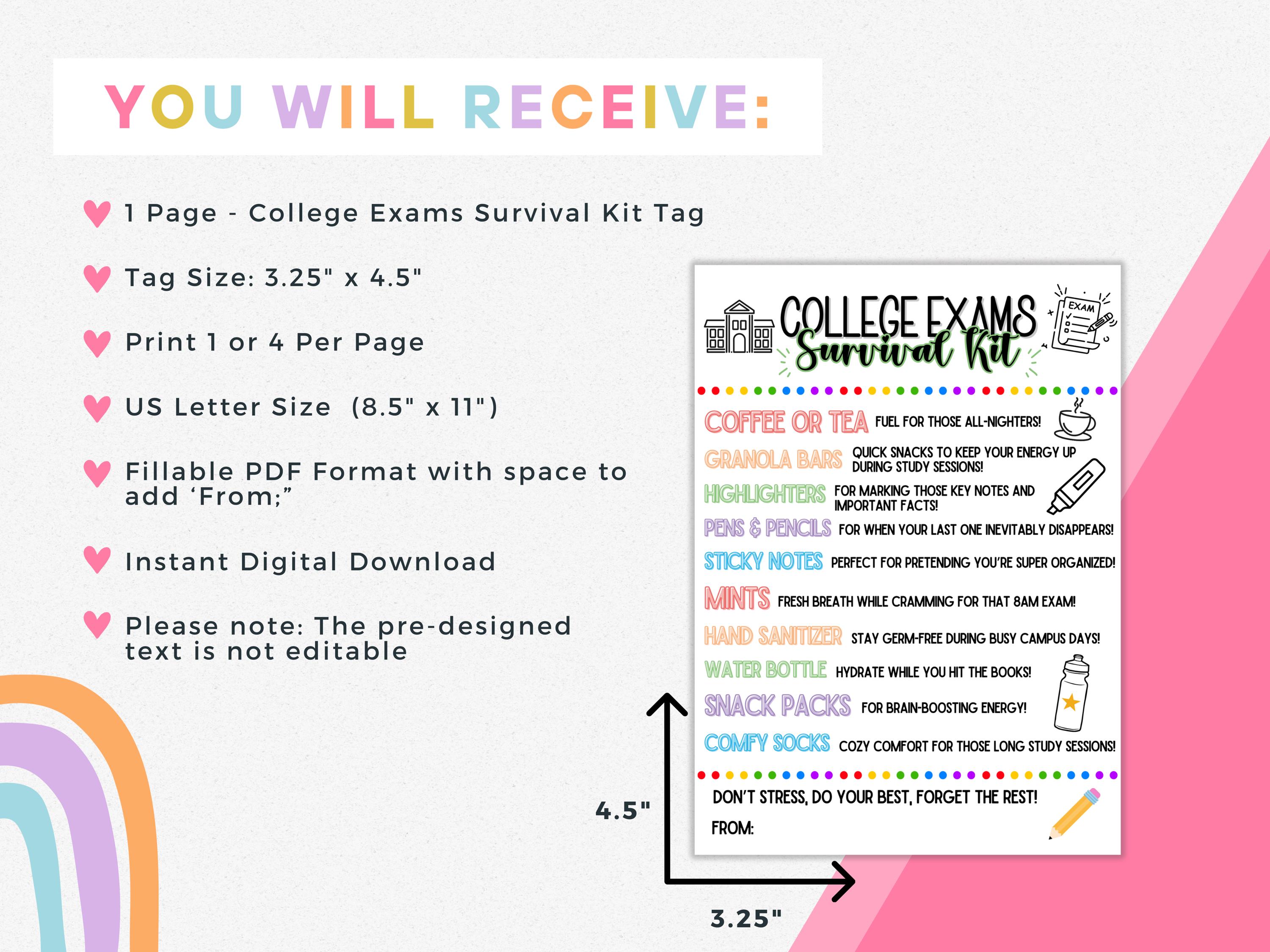 Printable College Exams Survival Kit Gift Tag, Student Finals Care ...