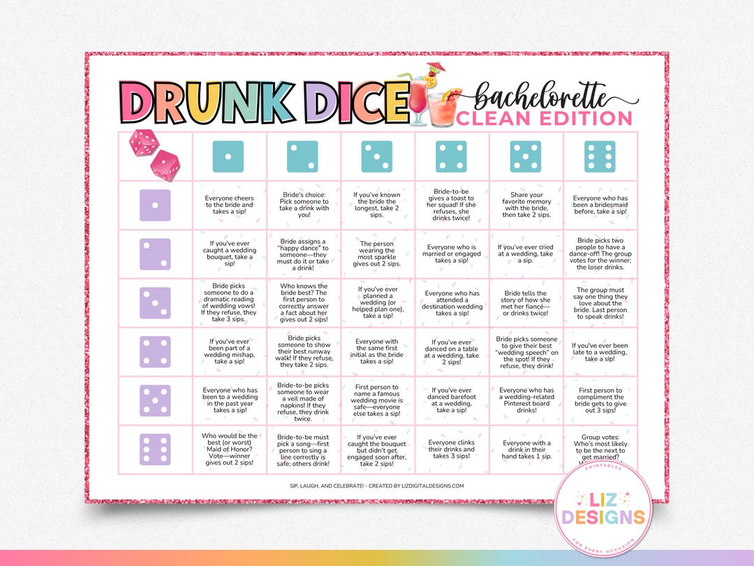 Bachelorette Party Drunk Dice Game, Bridal Shower & Hen Do Party Game ...
