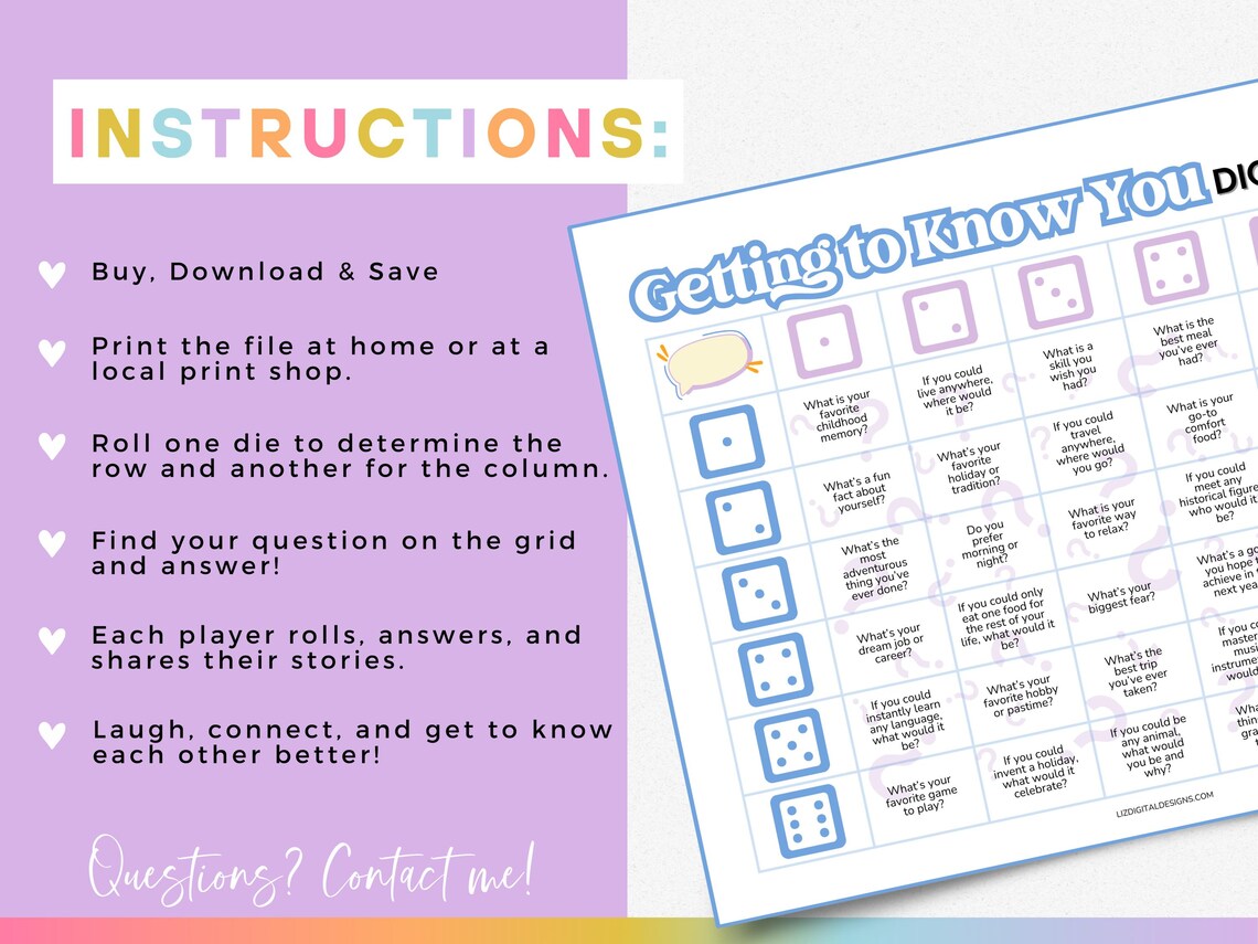 Get to Know You Dice Game, Icebreaker Questions for Adults, Fun ...