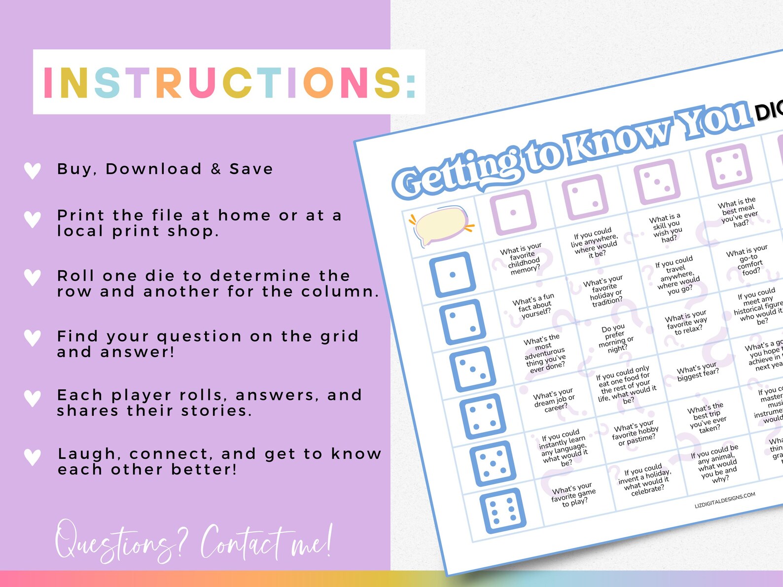 Get to Know You Dice Game, Icebreaker Questions for Adults, Fun ...