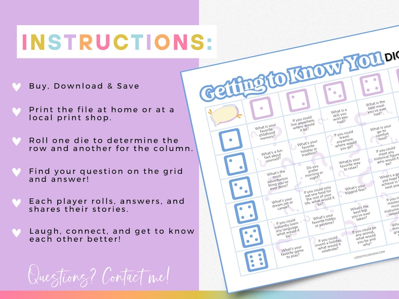 Get to Know You Dice Game, Icebreaker Questions for Adults, Fun ...