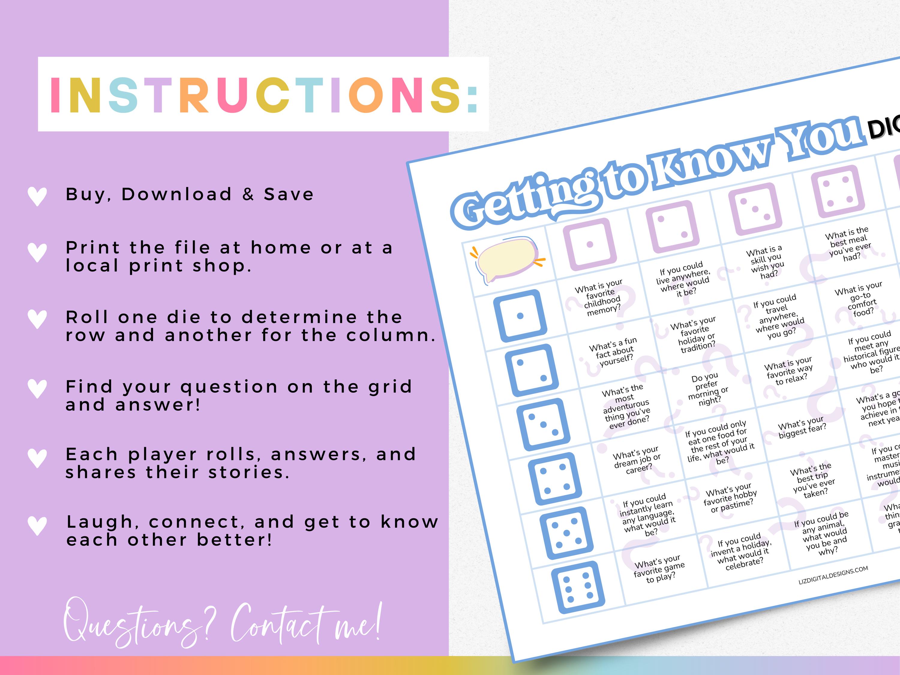 Get to Know You Dice Game, Icebreaker Questions for Adults, Fun ...