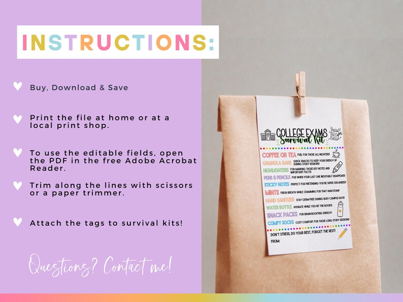 Printable College Exams Survival Kit Gift Tag, Student Finals Care ...