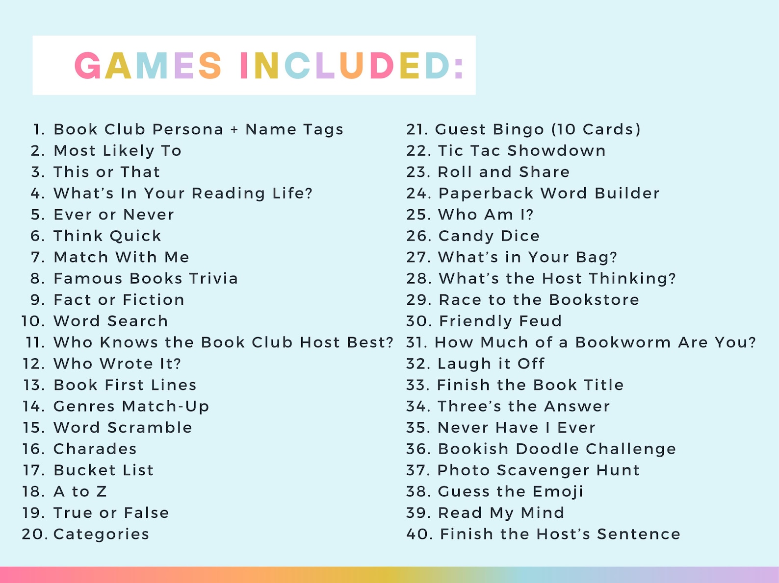 40 Book Club Games, Printable Book Club Meeting Activity Kit ...