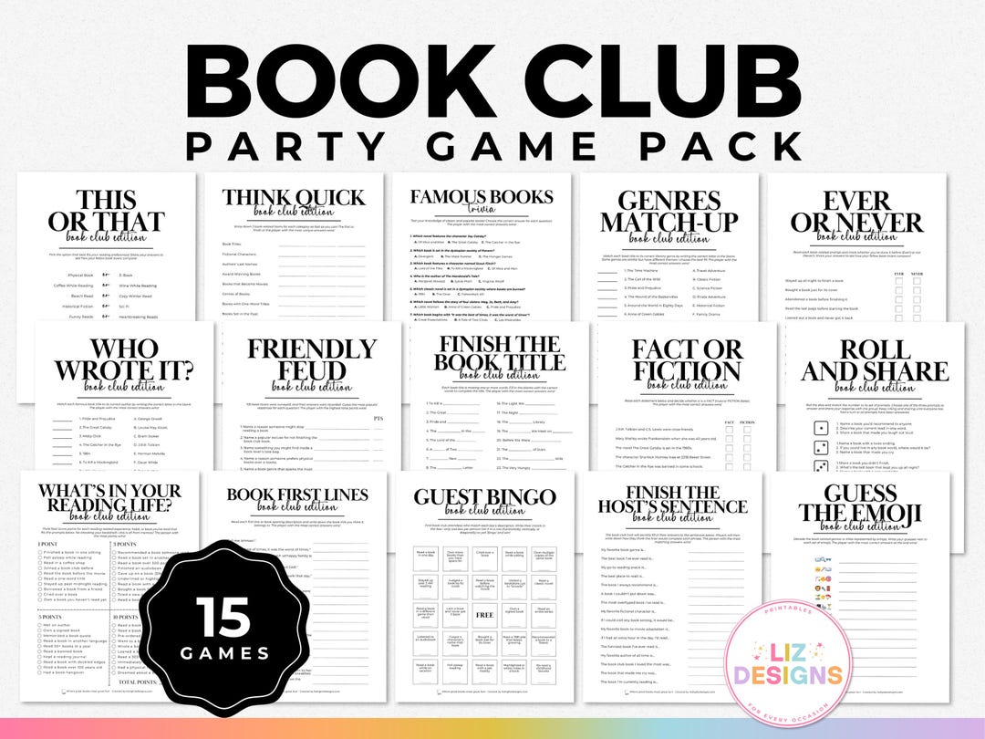 15 Book Club Games, Printable Book Club Meeting Activity Kit ...