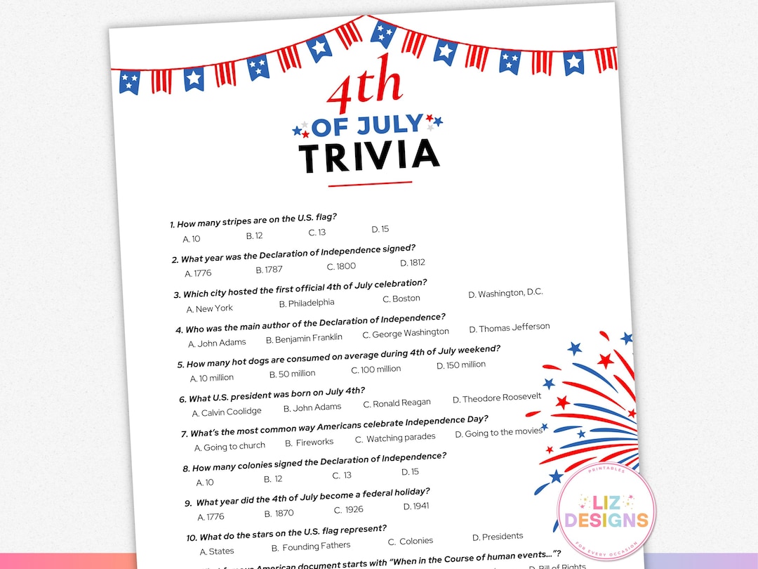 4th of July Trivia Game, Printable Patriotic Quiz, Fun Independence ...
