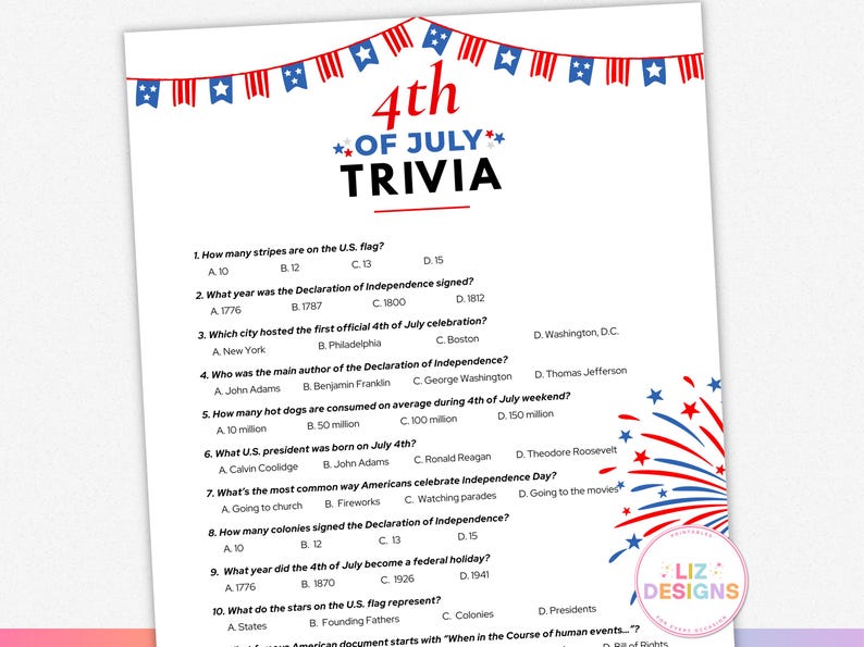 4th of July Trivia Game, Printable Patriotic Quiz, Fun Independence ...