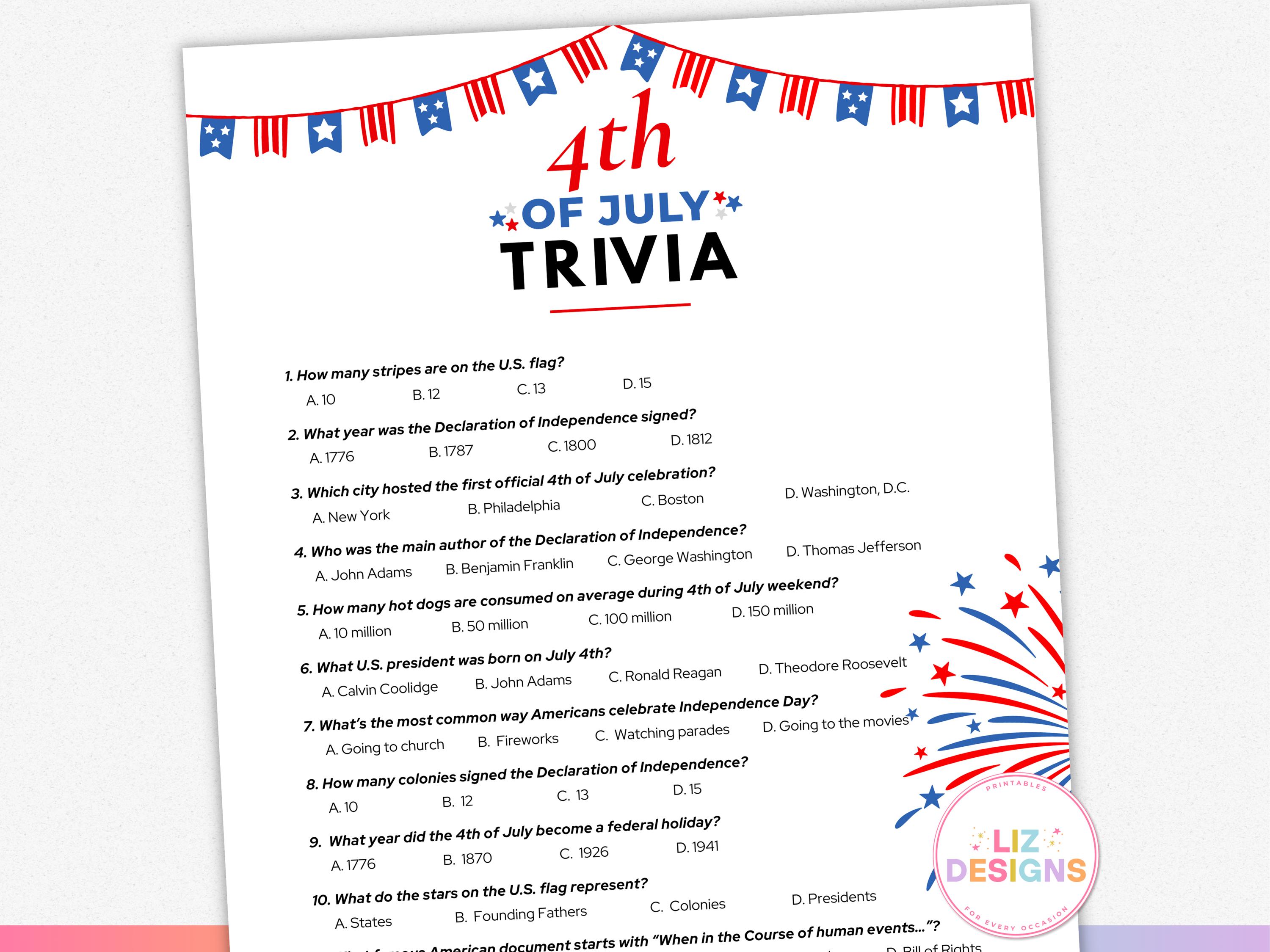 4th of July Trivia Game, Printable Patriotic Quiz, Fun Independence ...
