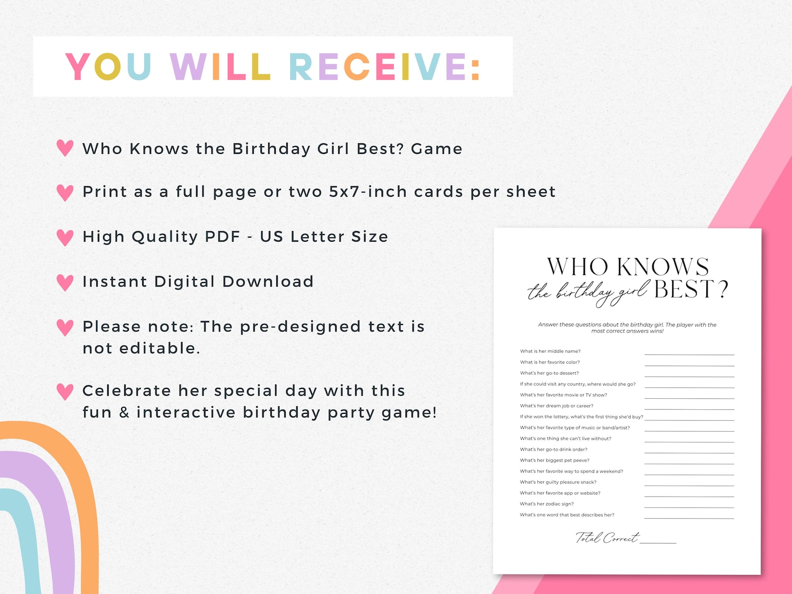 Who Knows the Birthday Girl Best, Printable Birthday Party Game, Fun ...