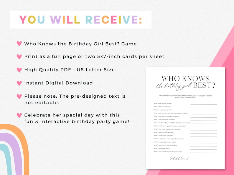 Who Knows the Birthday Girl Best, Printable Birthday Party Game, Fun ...