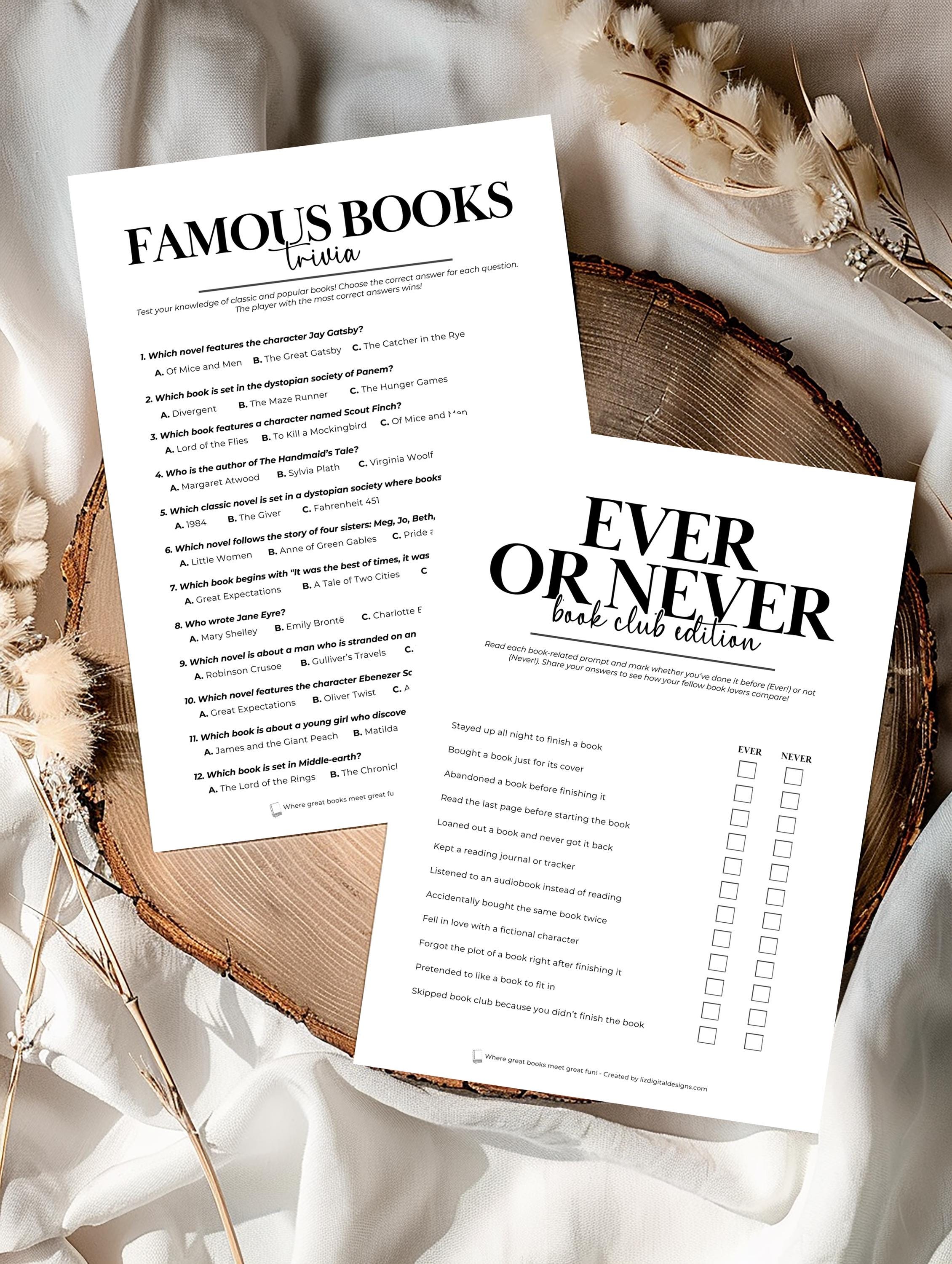 40 Book Club Games, Printable Book Club Meeting Activity Kit ...