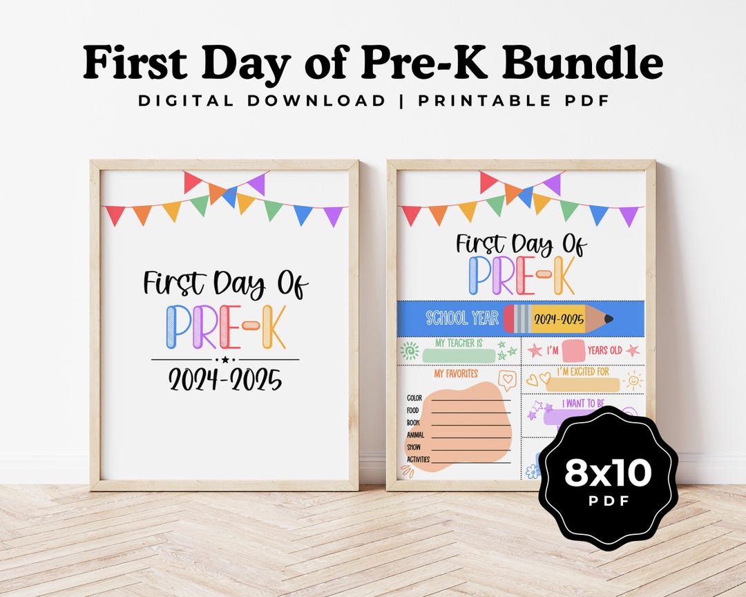 Pre-k First Day and All About Me Sign Bundle, Printable Back to School ...