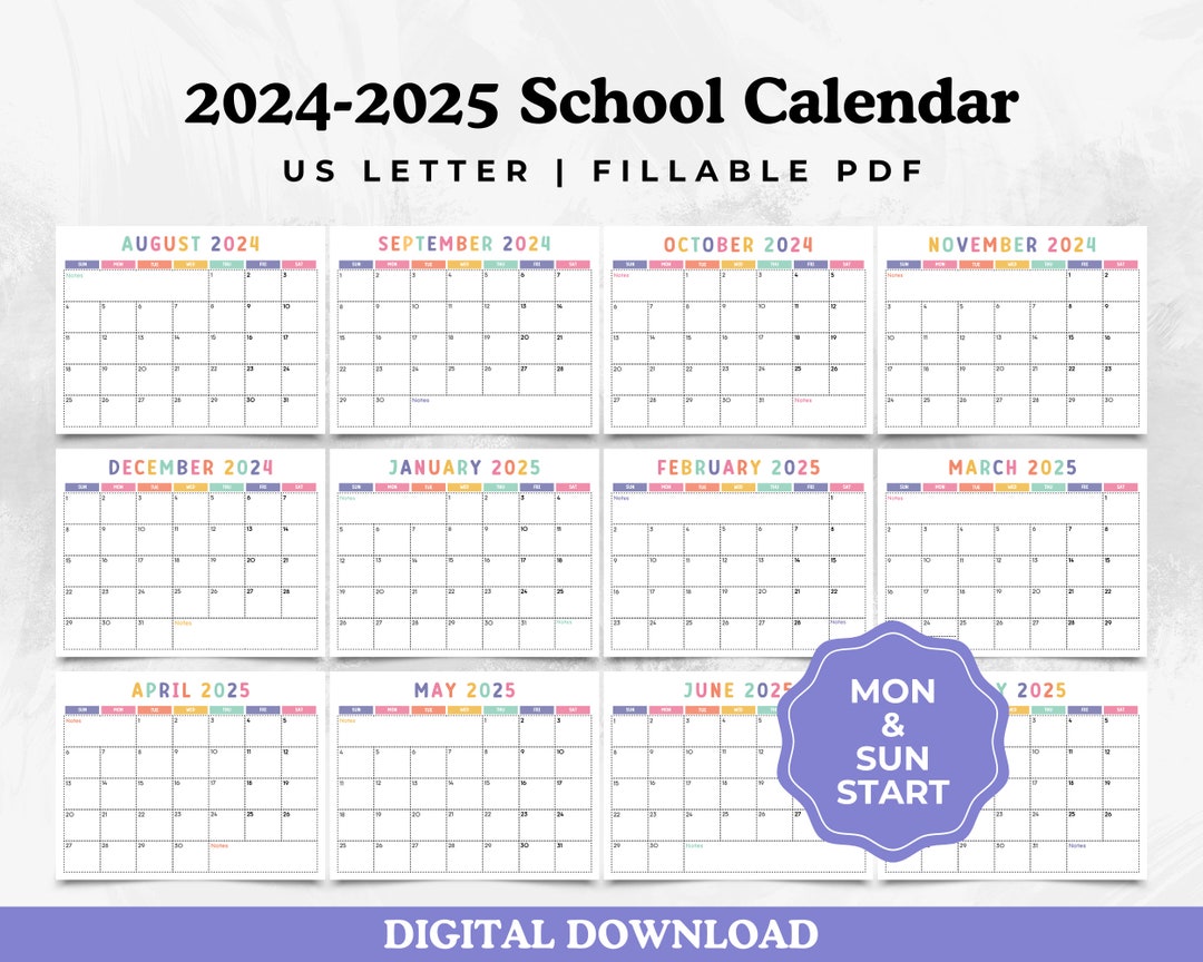 2024-2025 Editable School Year Calendar, Printable Monthly Calendar ...