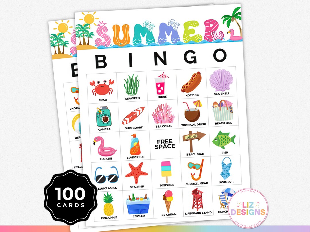 Summer Bingo 100 Cards, Kids Summer Bingo Printable , Beach, Pool Party ...