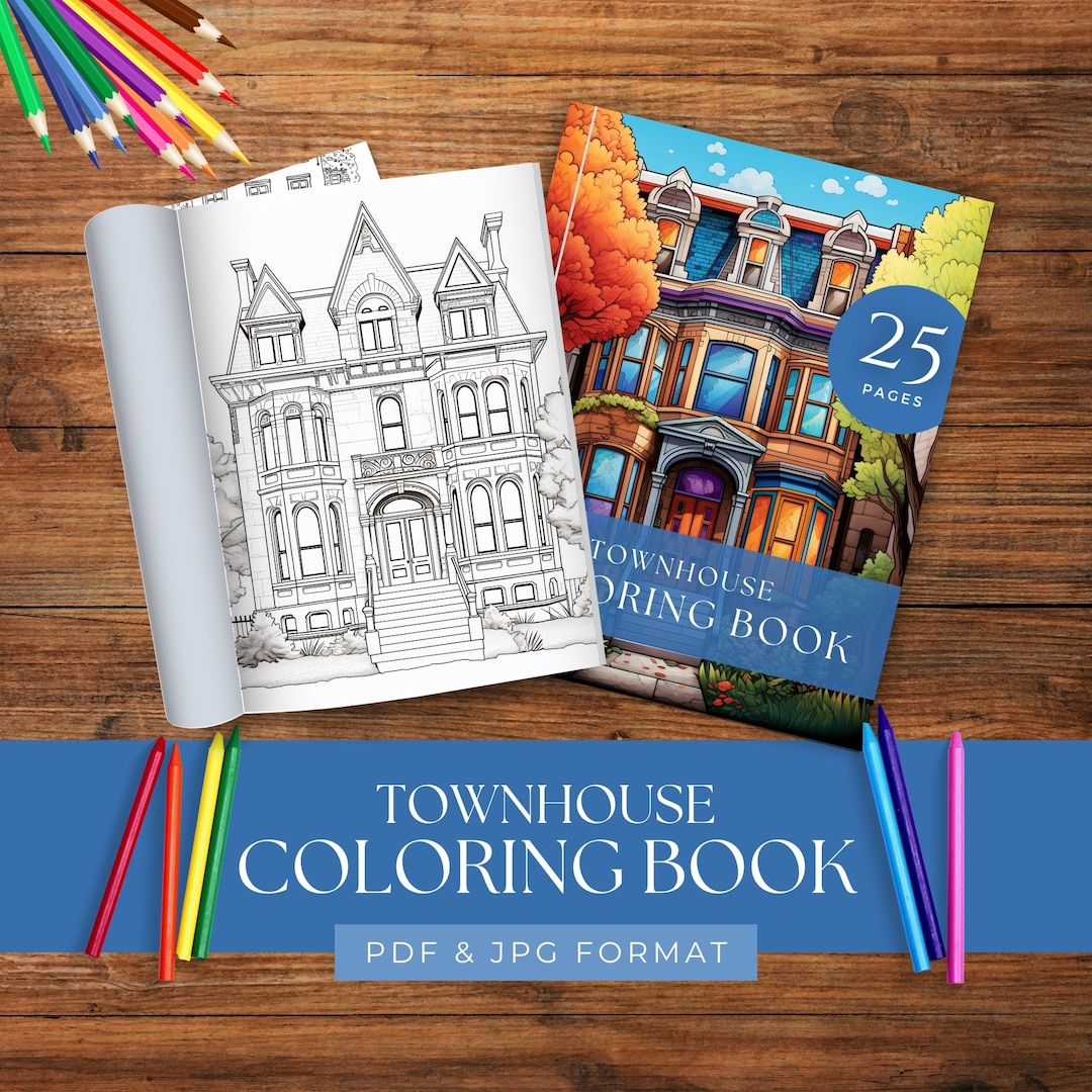 Townhouse Coloring Pages, Grayscale House Coloring Book for Adults ...