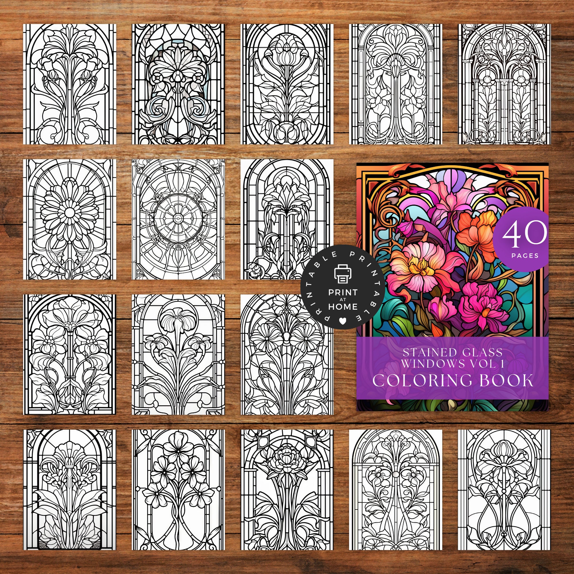 40 Flower Stained Glass Window Coloring Pages for Adults and Kids ...