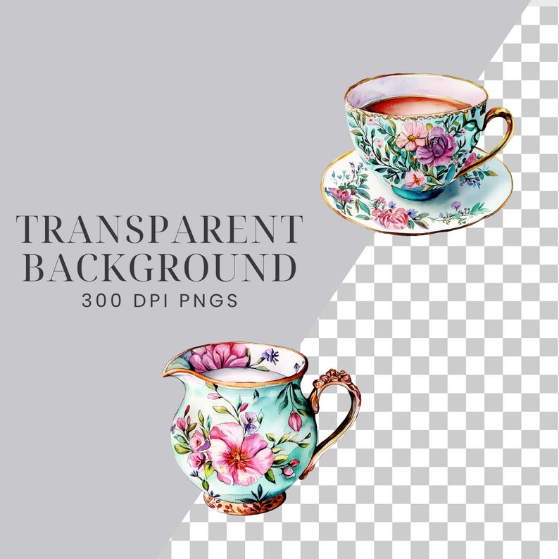 Floral Tea Party Clipart, Watercolor Teacups Clip Art, Afternoon Garden ...