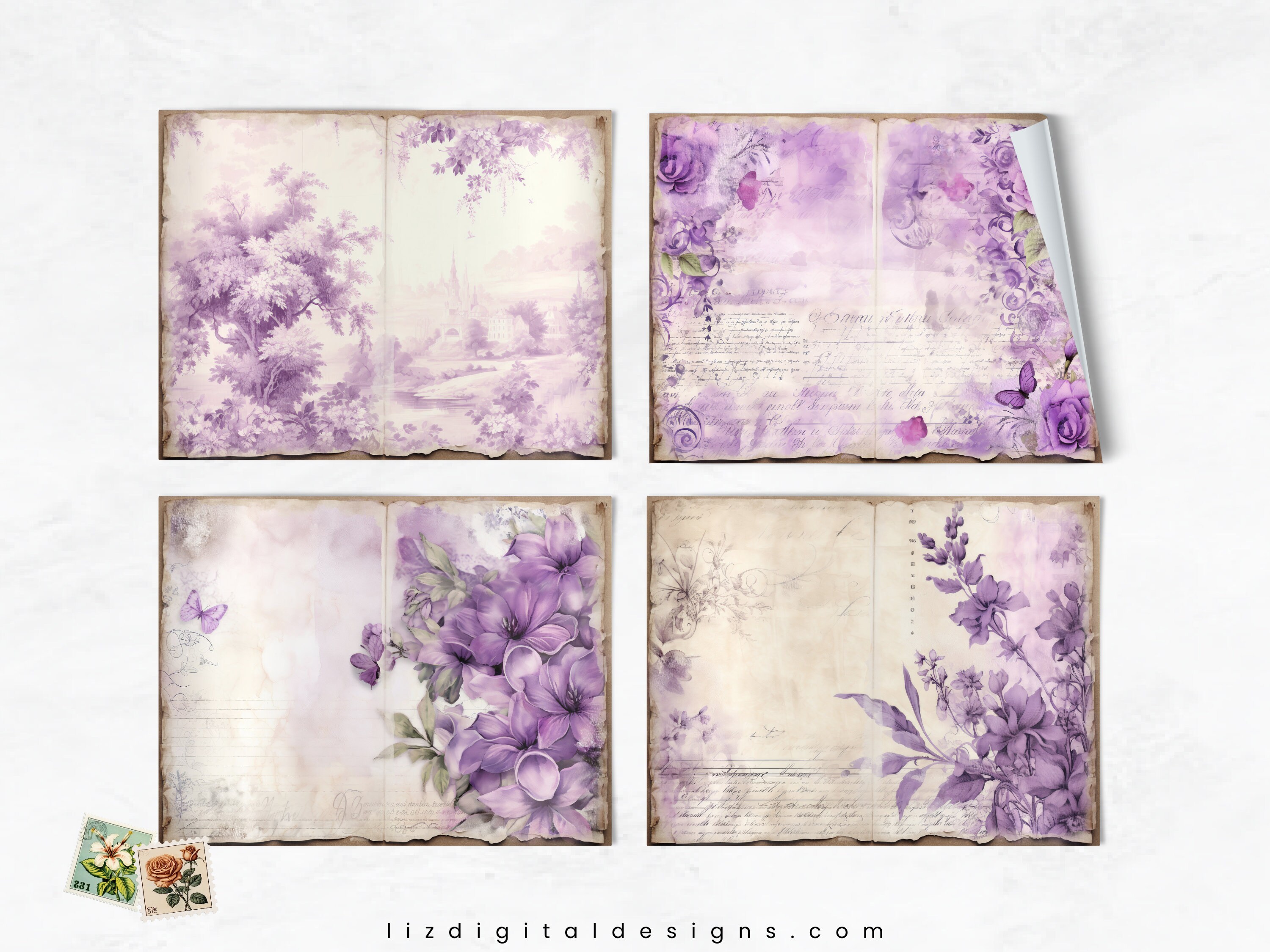 Purple Toile Junk Journal Digital Papers, Lavender Printable Ephemera ...