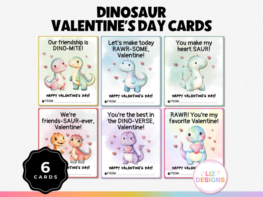 6 Cute Dinosaur Valentine's Day Cards, Printable Kids Valentine Cards ...