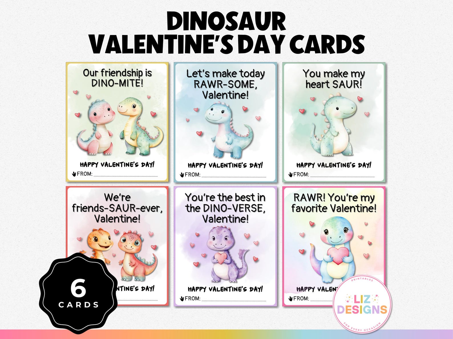 6 Cute Dinosaur Valentine's Day Cards, Printable Kids Valentine Cards ...