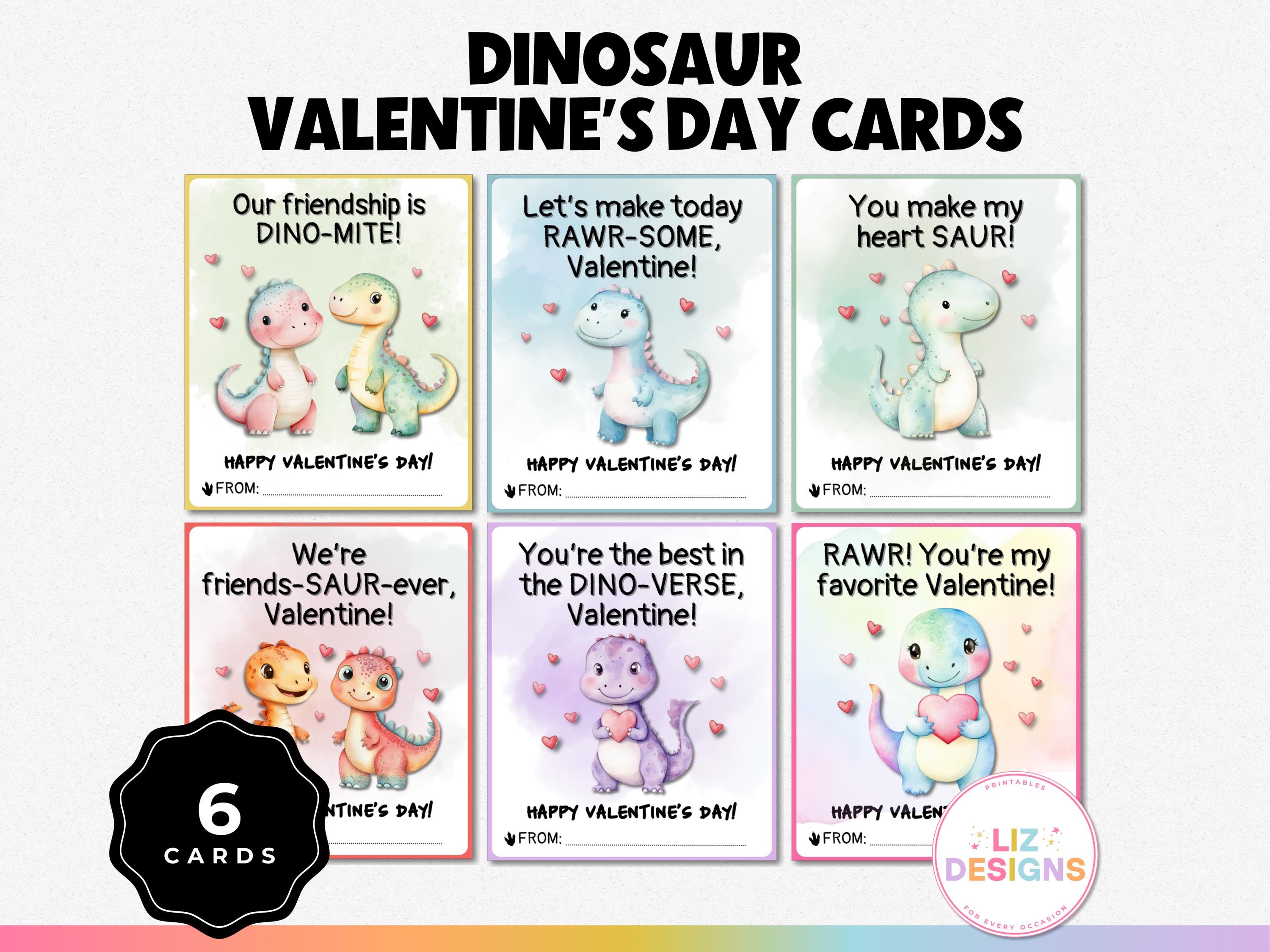 6 Cute Dinosaur Valentine's Day Cards, Printable Kids Valentine Cards ...