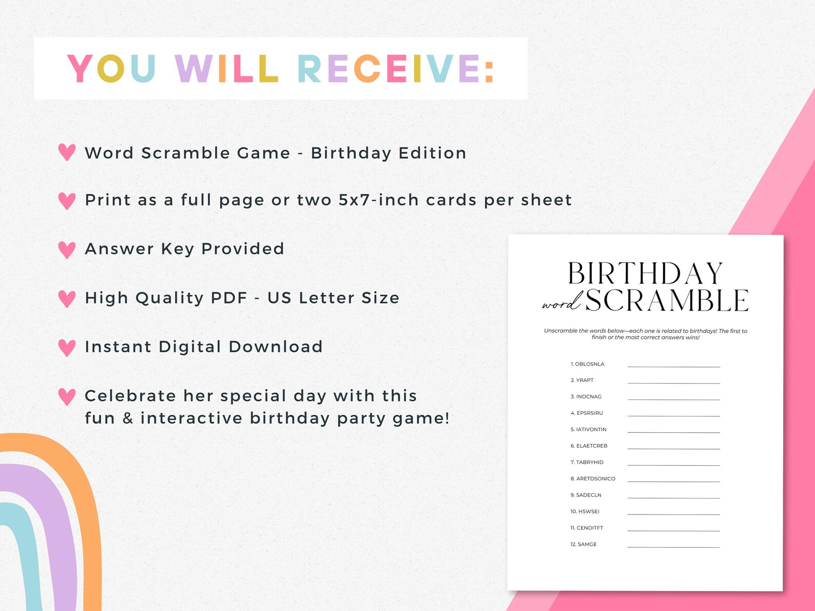 Birthday Word Scramble, Fun Printable Party Game, Birthday Party ...