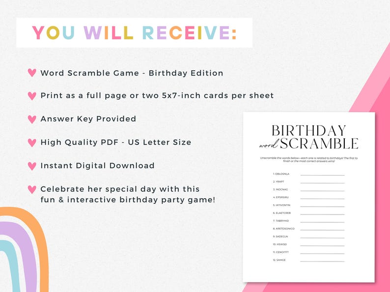 Birthday Word Scramble, Fun Printable Party Game, Birthday Party ...