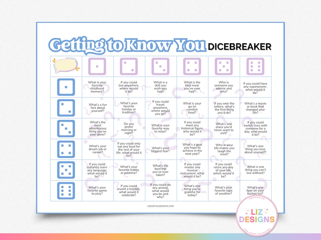 Get to Know You Dice Game, Icebreaker Questions for Adults, Fun ...