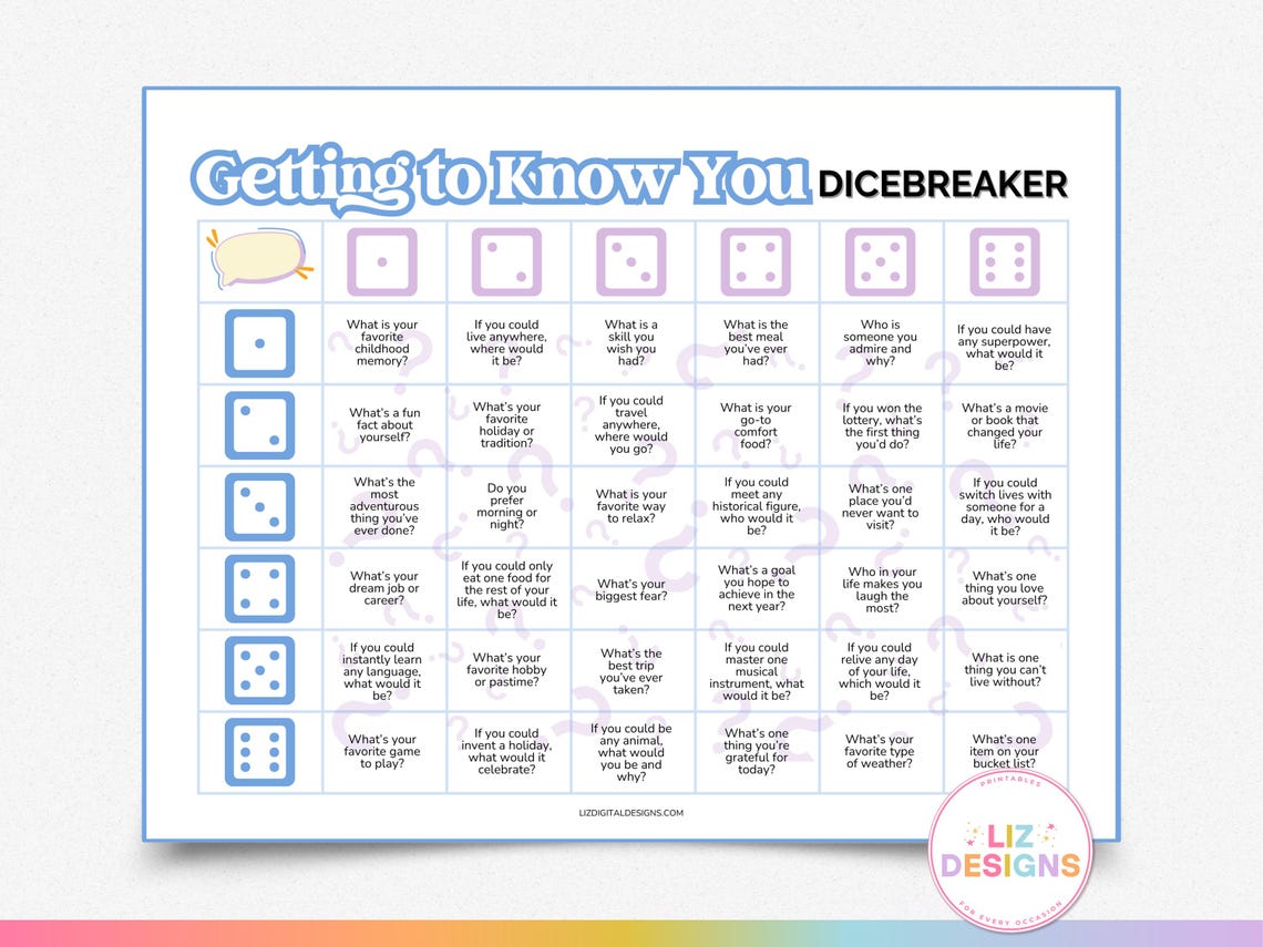 Get to Know You Dice Game, Icebreaker Questions for Adults, Fun ...