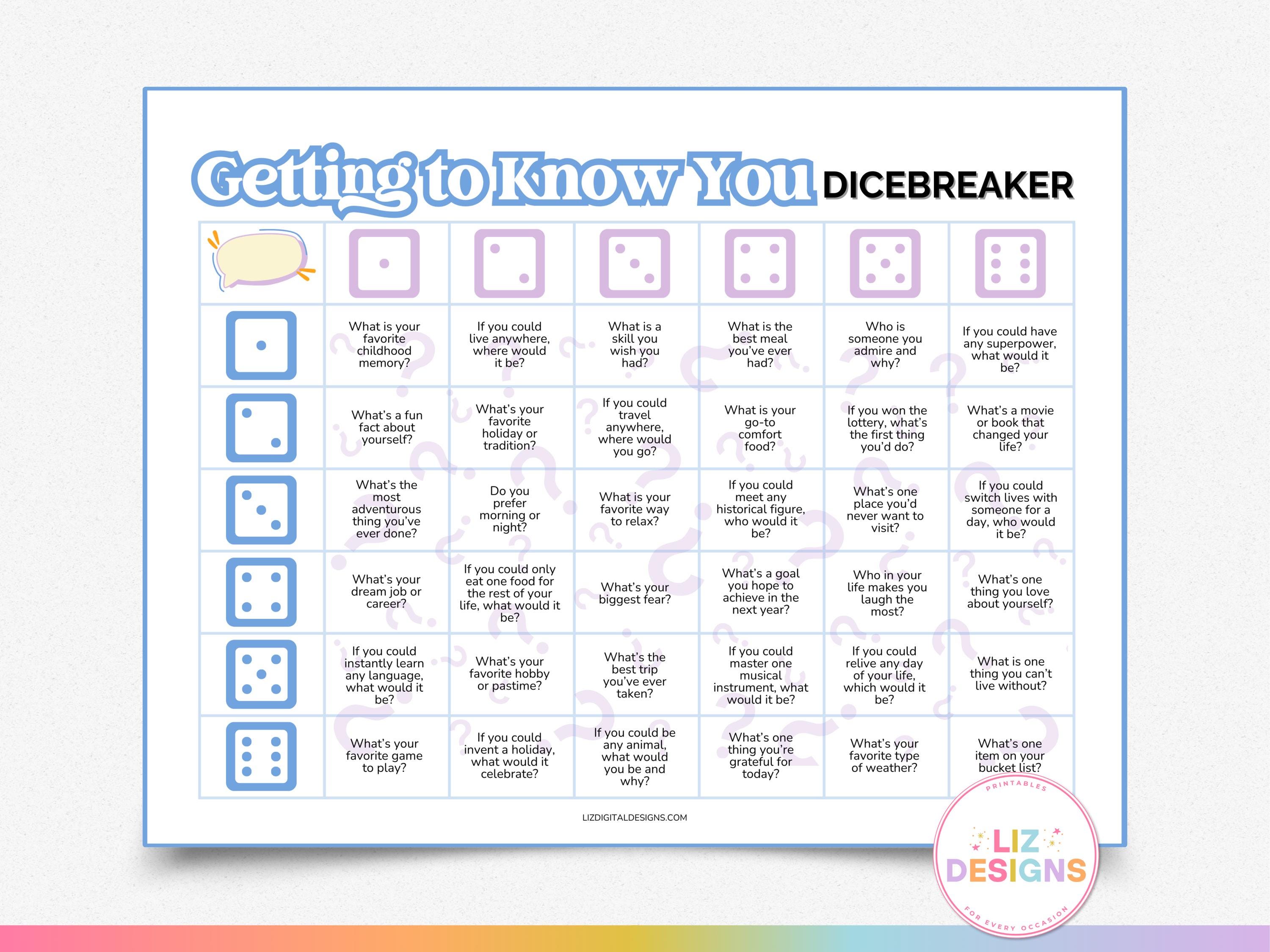 Get to Know You Dice Game, Icebreaker Questions for Adults, Fun ...