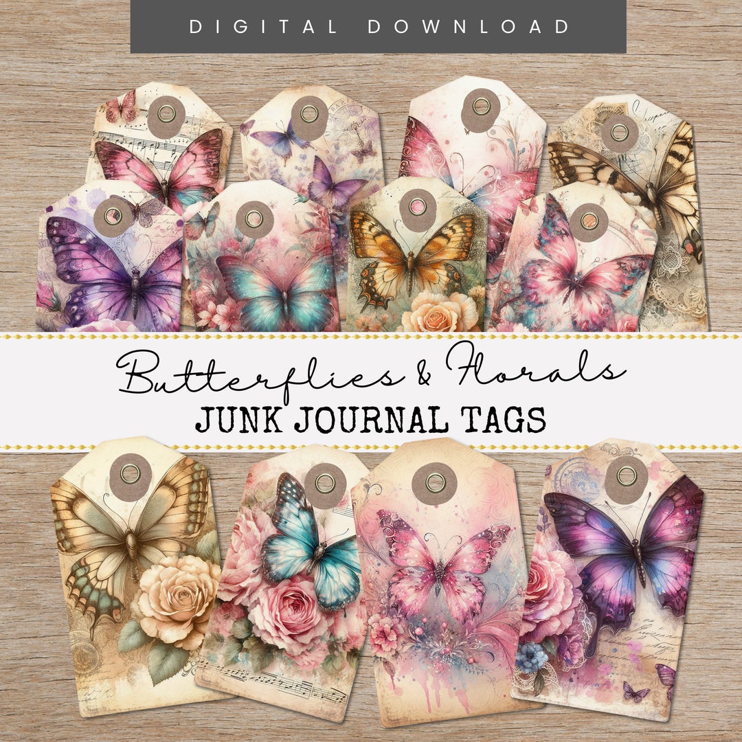 Floral Butterflies Junk Journal Tags, Printable Butterfly Ephemera ...