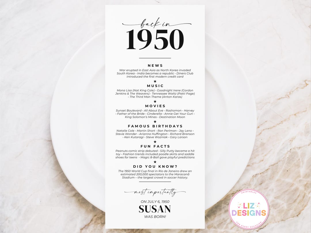 Personalized Back in 1950 Birthday Table Place Card, Born in 1950 Bday ...