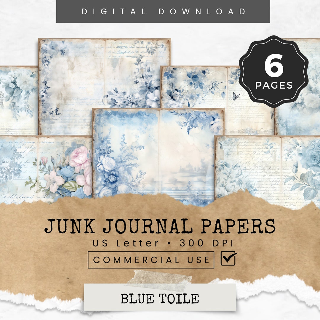 Blue Toile Junk Journal Digital Paper, 6 Floral Digital Journal Pages ...