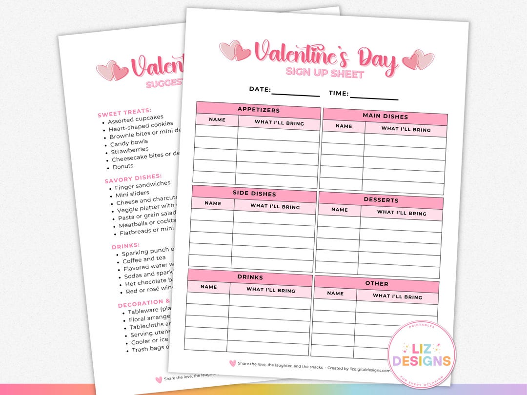 Valentine’s Day Potluck Sign-up Sheet, Printable Food Sign-up Template ...