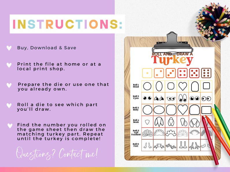 Roll and Draw a Turkey Game, Printable Thanksgiving Art Activity ...