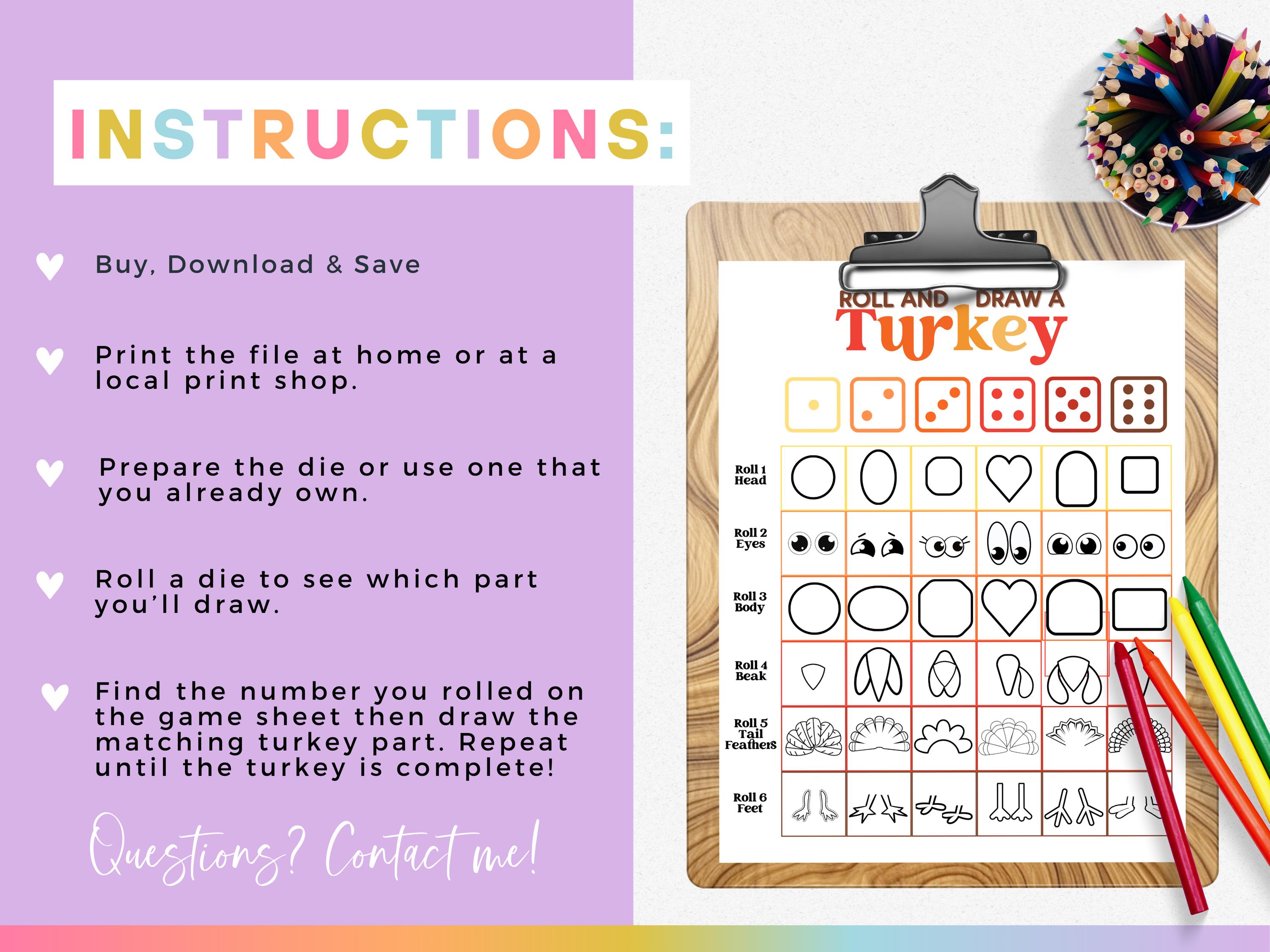 Roll and Draw a Turkey Game, Printable Thanksgiving Art Activity ...