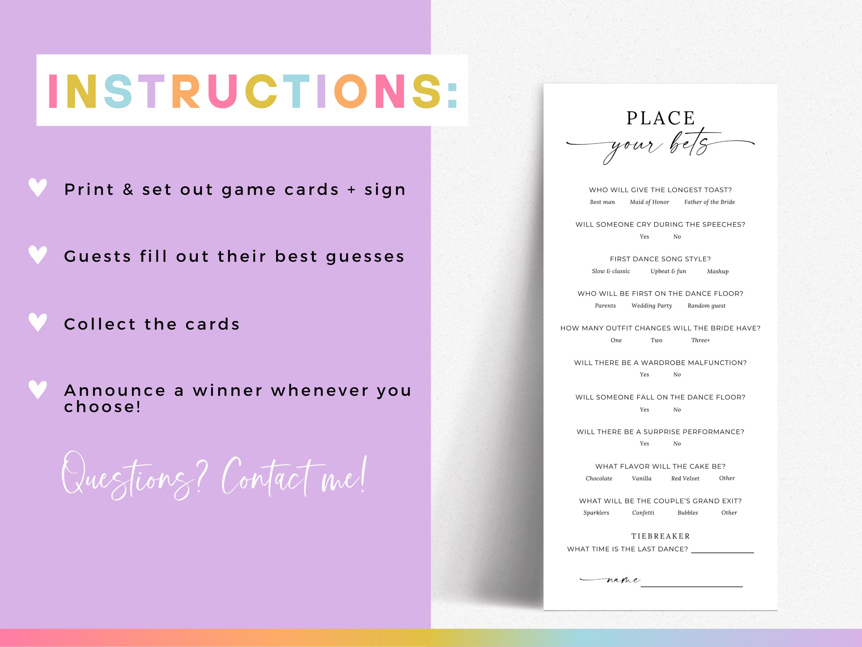 Place Your Bets Wedding Card, Weddings Prop Bet Template Game, Cocktail ...
