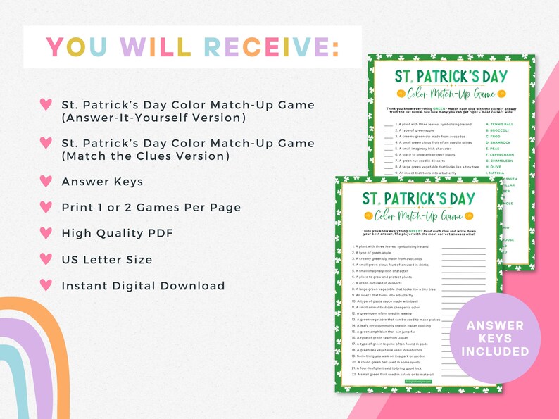 St. Patrick's Day Green Color Match up Game, Printable Senior Trivia ...