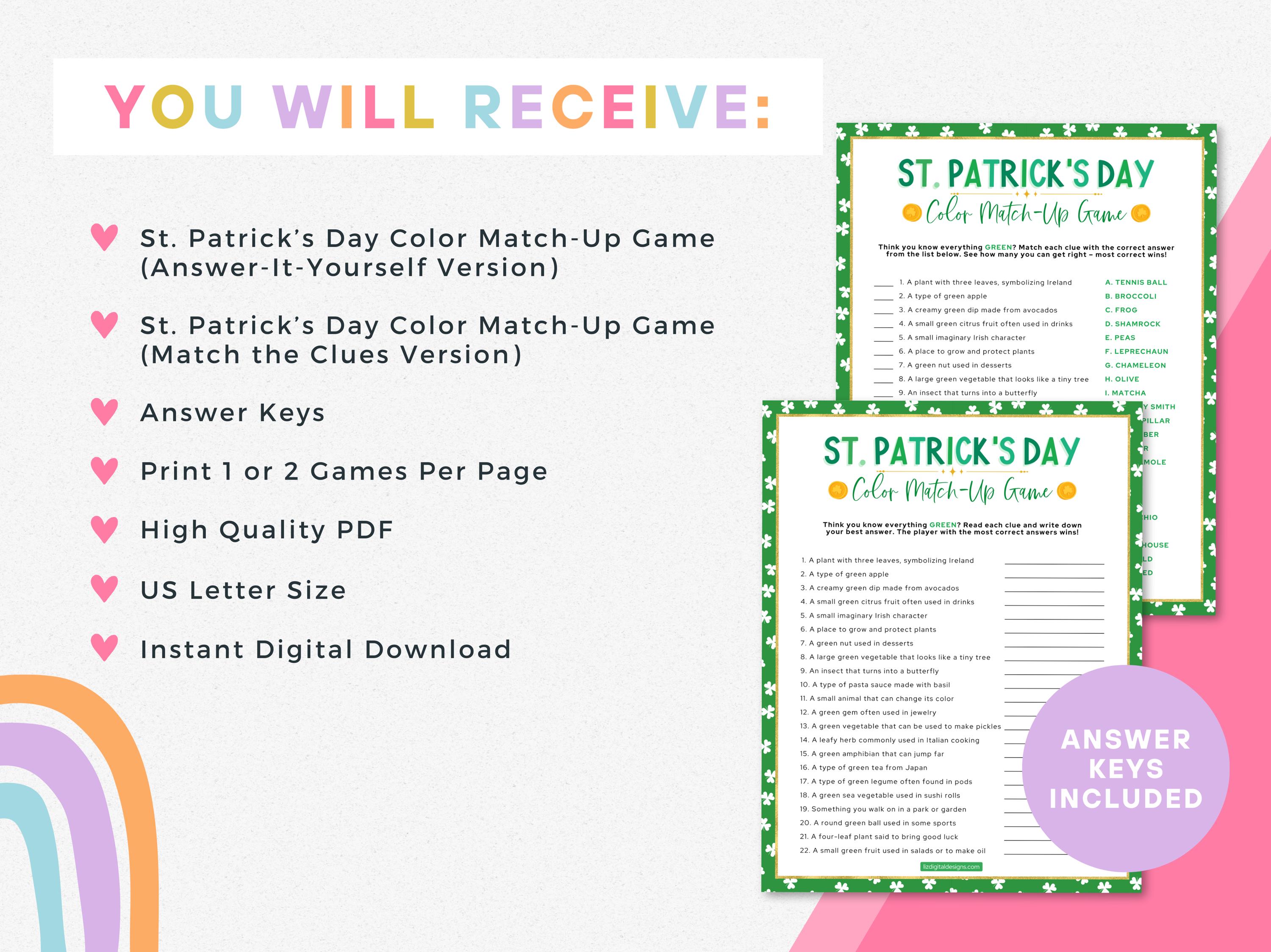 St. Patrick's Day Green Color Match up Game, Printable Senior Trivia ...