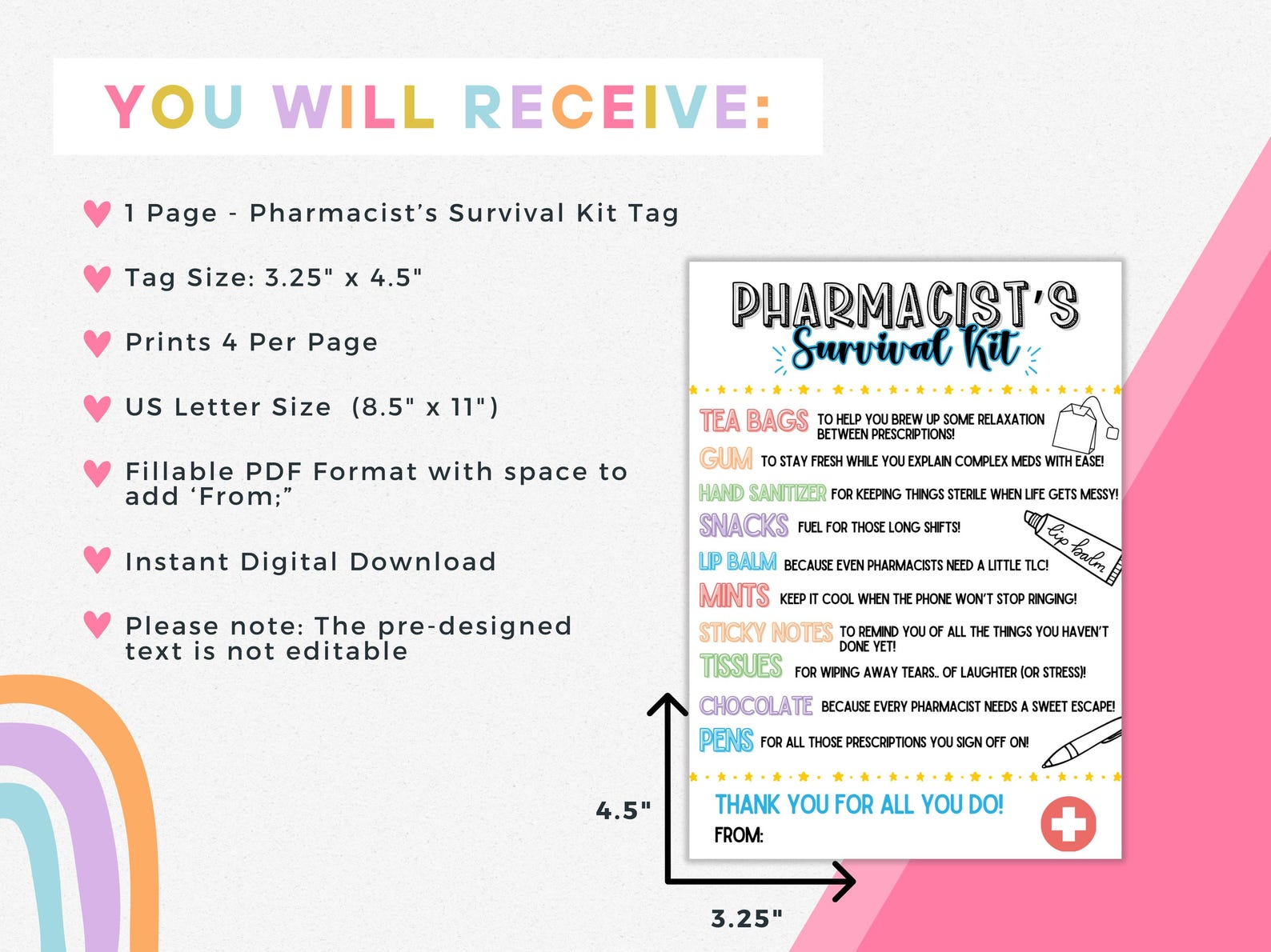 Pharmacy Survival Kit Gift Tag, Tags for Pharmacist, Pharmacy ...